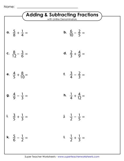 Adding and Subtracting Fractions w/ Unlike Denominators (Horizontal ...