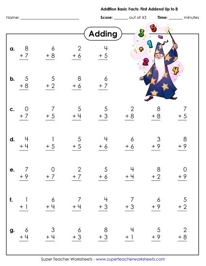 Addition Basic Facts (0-8) Printable PDF Worksheet