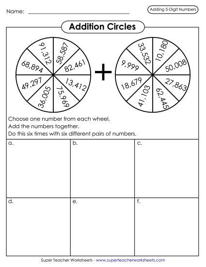 Addition Circles (5-Digit) Printable PDF Worksheet for Kids