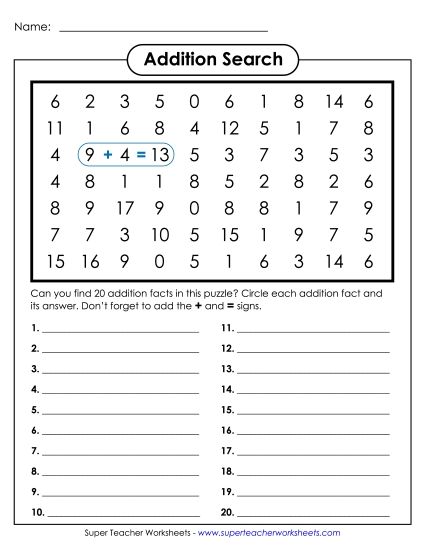 Addition Number Search Printable PDF Worksheet