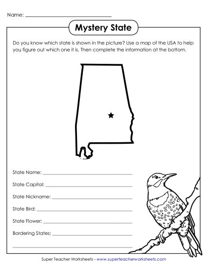 Alabama - Mystery State Printable States Geography PDF Worksheet for Kids