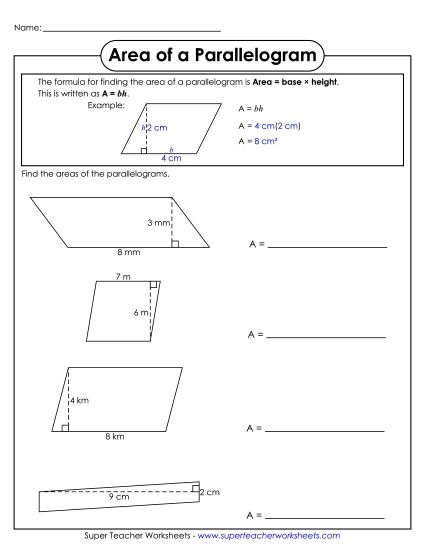 Area of a Parallelogram (Basic) Printable PDF Worksheet for Kids