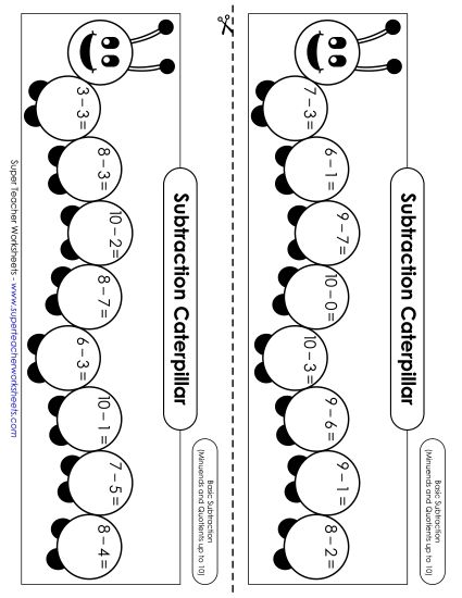 Caterpillar: Subtraction Within 10 Printable PDF Worksheet for Kids
