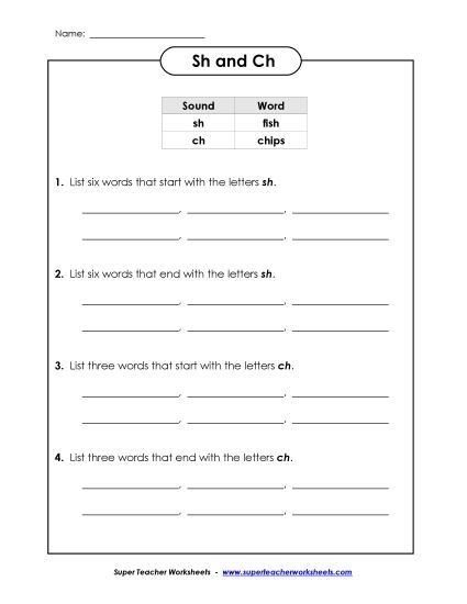 Ch-Sh Lists Printable Phonics Sh Ch PDF Worksheet