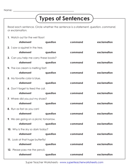 Circle the Sentence Type Printable Sentences Types Of PDF Worksheet for ...