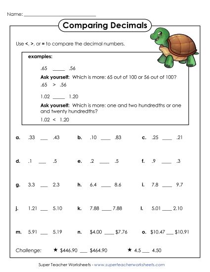 Comparing Decimals (Tenths and Hundredths) Printable PDF Worksheet
