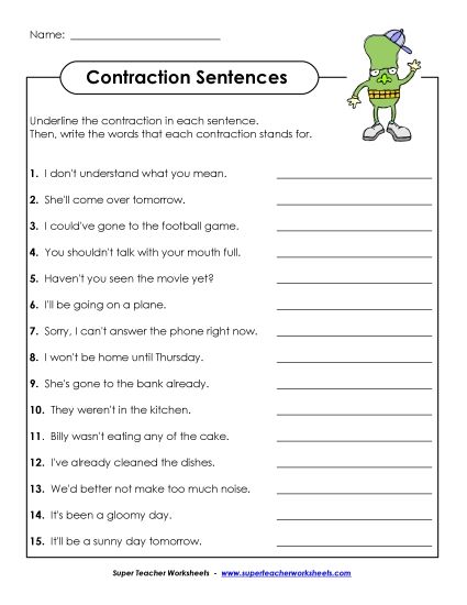 Contraction Sentences Worksheet Printable Phonics Contractions2 PDF