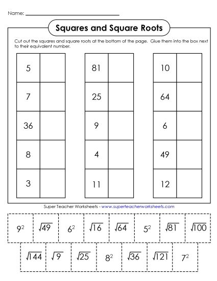 Cut-and-Glue Square & Roots Printable Exponents Cut Outs1 PDF Worksheet ...