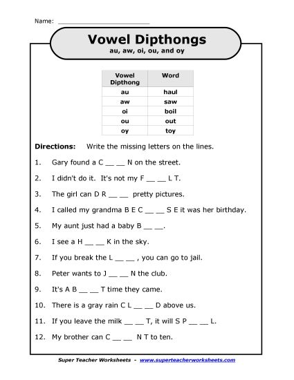 Diphthong Questions (au, aw, oi, ou, oy) Printable Phonics Dipthong ...
