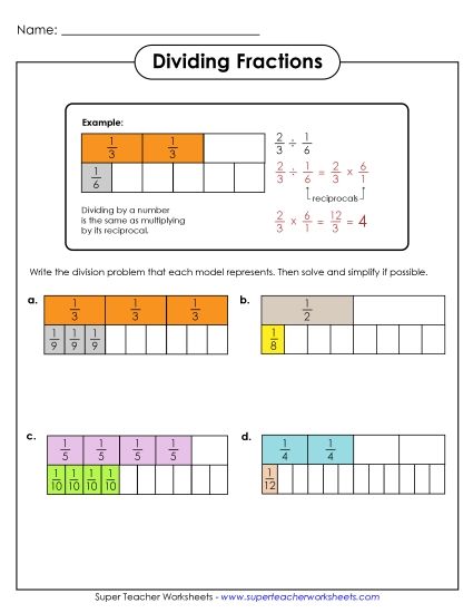 Dividing Fractions (with Diagrams) Printable PDF Worksheet for Kids