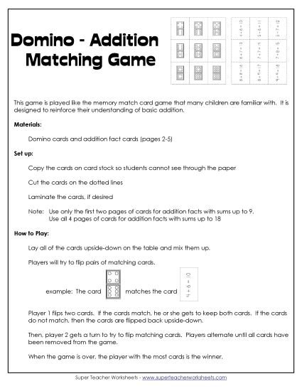 Domino Printable Addition Dominoes Matching Game Add PDF Worksheet for Kids