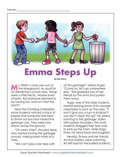 Emma Steps Up (Leadership) Printable Reading Comp 4th PDF Worksheet for ...