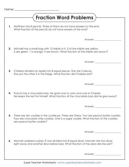 Fraction Word Problems (Easy) Printable Fractions Easy PDF Worksheet