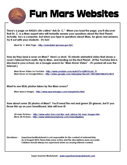 Fun Mars Websites Printable Space PDF Worksheet for Kids