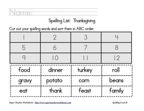 Grade 2 - Thanksgiving Spelling, ABC Order Printable PDF Worksheet for Kids