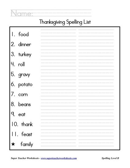 Grade 2 - Thanksgiving Spelling List Printable PDF Worksheet for Kids