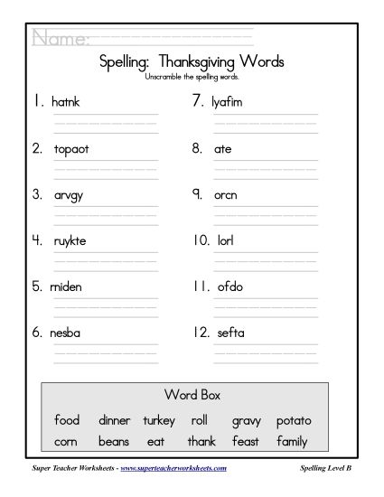 Grade 2 - Thanksgiving Spelling Scramble Printable PDF Worksheet for Kids