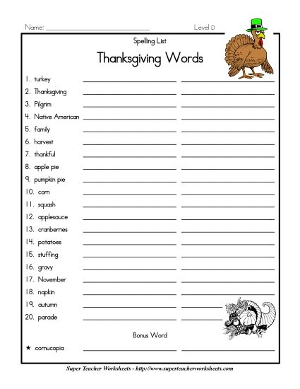 Grade 4 - Thanksgiving Spelling List Printable PDF Worksheet
