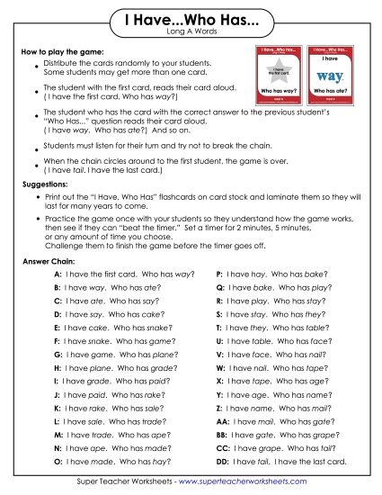 I have.. Who has... (Long-A) Printable Phonics Long A Words Have Has ...