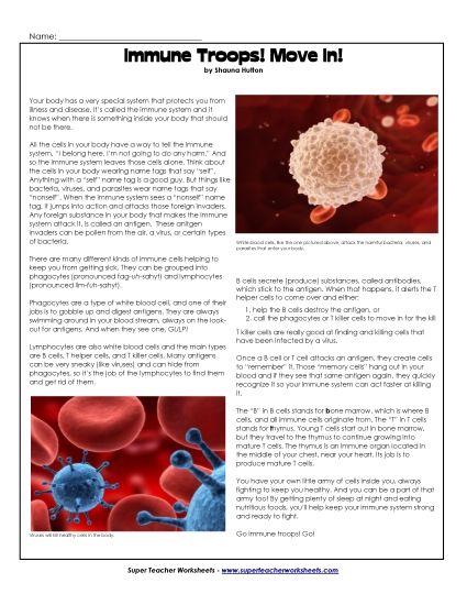 Immune System Printable Reading Comp 5th PDF Worksheet