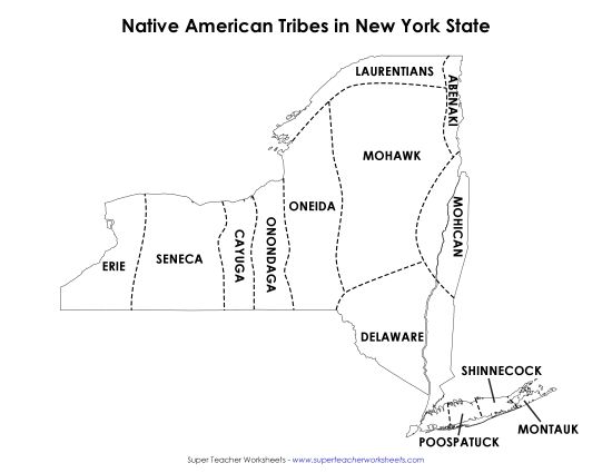 Map - Native American Tribes of New York Printable PDF Worksheet for Kids