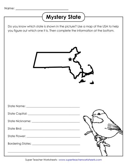 Massachusetts - Mystery State Printable States Geography PDF Worksheet