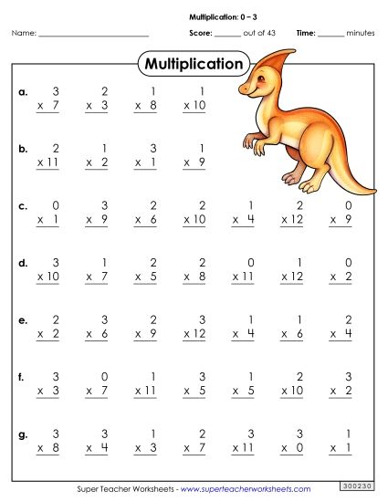 Free Multiplication Basic Facts 0 - 3 Printable PDF Worksheet