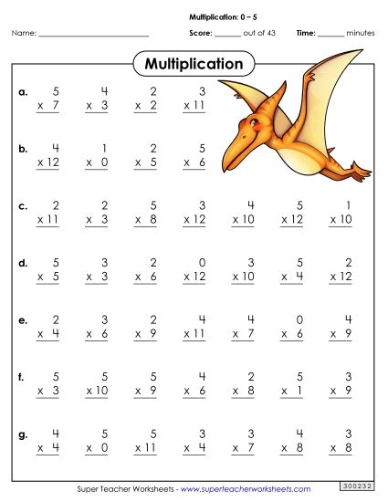 Multiplication Basic Facts 0 - 5 Printable PDF Worksheet