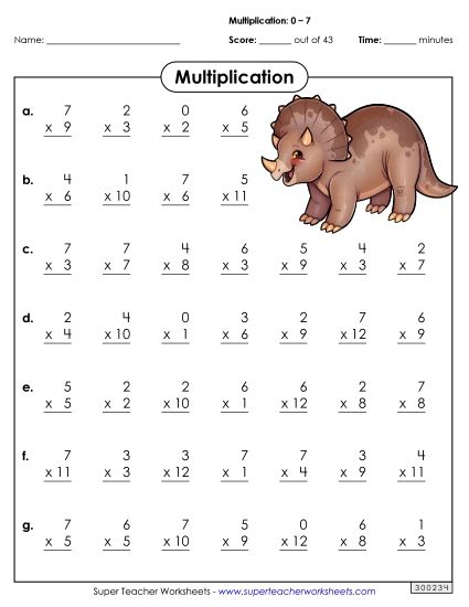 Multiplication Basic Facts 0 - 7 Printable PDF Worksheet for Kids