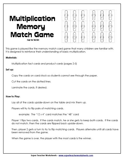 Multiplication Game: Memory Match (up to 12s) Printable PDF Worksheet