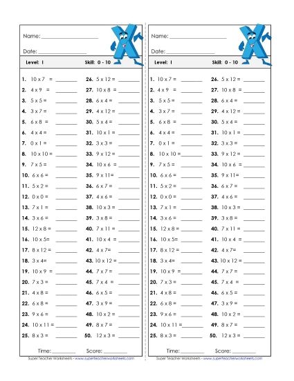 Multiplication Timed Quiz 0 - 10 Printable PDF Worksheet for Kids