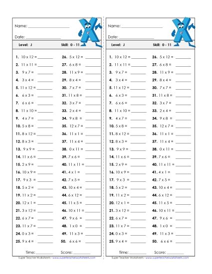 Multiplication Timed Quiz 0 - 11 Printable PDF Worksheet for Kids