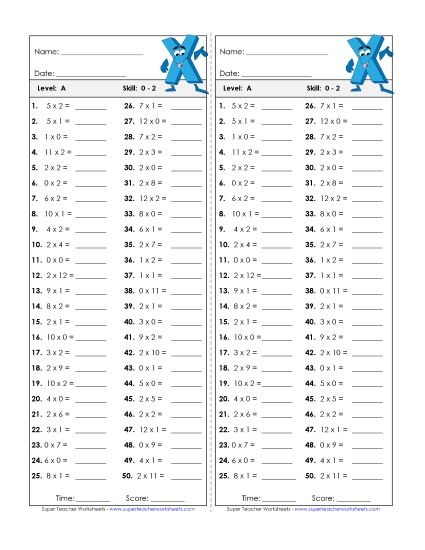 Free Multiplication Timed Quiz 0 - 2 Printable PDF Worksheet for Kids