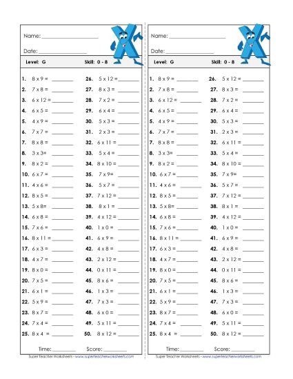 Multiplication Timed Quiz 0 - 8 Printable PDF Worksheet for Kids