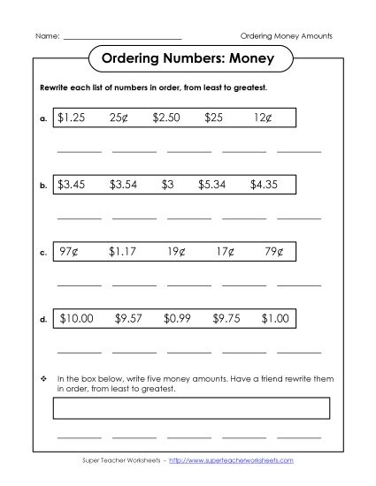 Ordering Numbers: Money Printable Place Value Numbers PDF Worksheet for ...