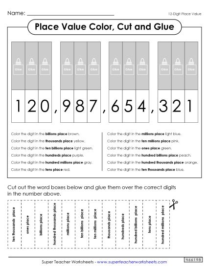Place Value Color, Cut & Glue (12-Digits) Printable PDF Worksheet for Kids
