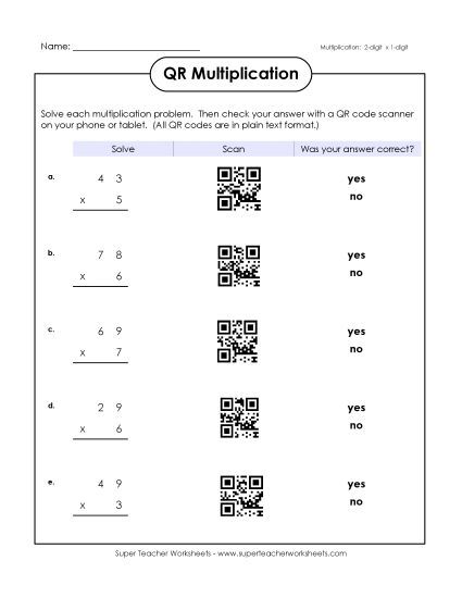 QR Code Multiplication (2-Digits x 1-Digit) Printable PDF Worksheet