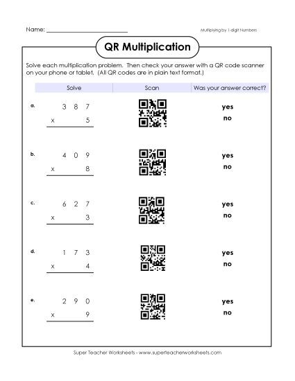 QR Code Multiplication (3-Digit by 1-Digit) Printable PDF Worksheet
