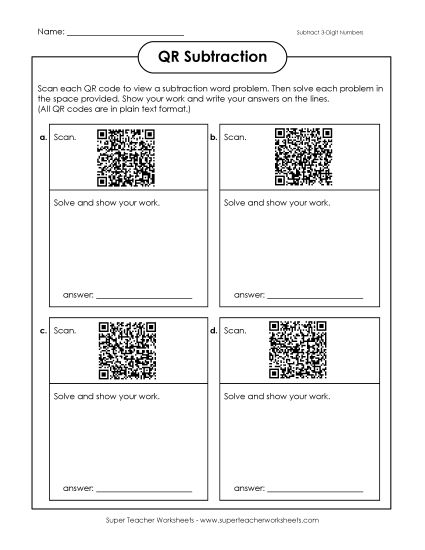 QR Code Subtraction (3-Digit) Printable PDF Worksheet for Kids