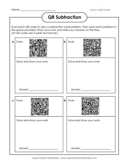 QR Code Subtraction (4-Digit) Printable PDF Worksheet for Kids