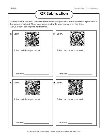 QR Code Subtraction (Money) Printable PDF Worksheet