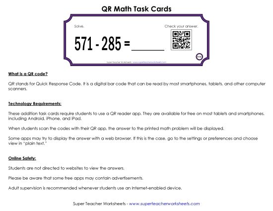QR Code Task Cards (3-Digit) Printable Subtraction Qr Set B PDF ...