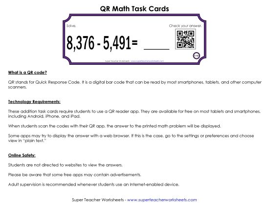QR Code Task Cards (4-Digit) Printable Subtraction Qr Set C PDF Worksheet