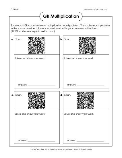 QR Code Word Problems (3-Digit by 1-Digit) Printable Multiplication Qr ...