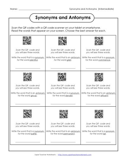 QR Codes (Level: Intermediate) Printable Synonyms Antonyms Synonym ...