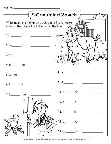R-controlled Vowels Printable Phonics Ar Er Ir Or Ur PDF Worksheet