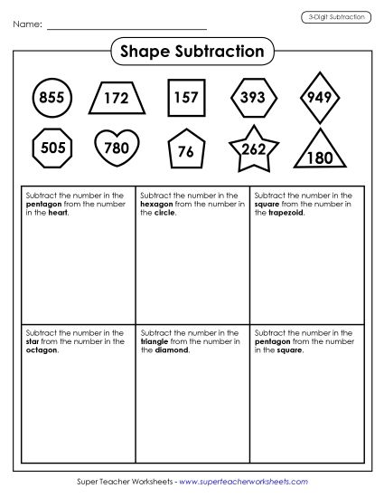 Shape Subtraction (3 Digits) Printable PDF Worksheet
