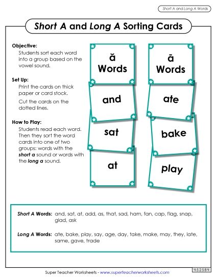 Sorting - Long A, Short A Printable Phonics Vowels Sort Longa Shorta ...