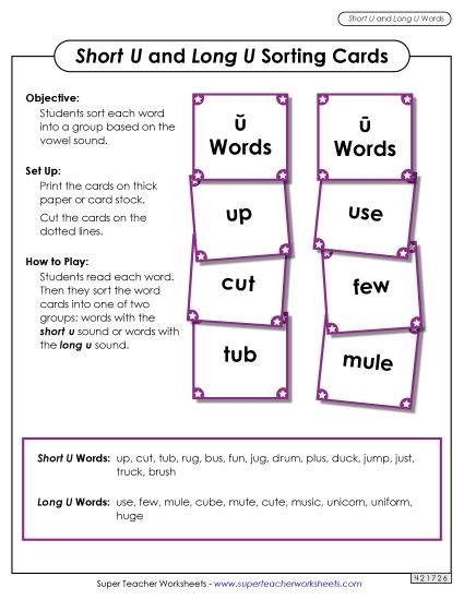 Sorting - Long U, Short U Printable Phonics Vowels Sort Longu Shortu ...