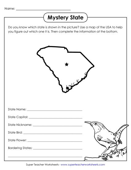 South Carolina - Mystery State Printable States Geography PDF Worksheet